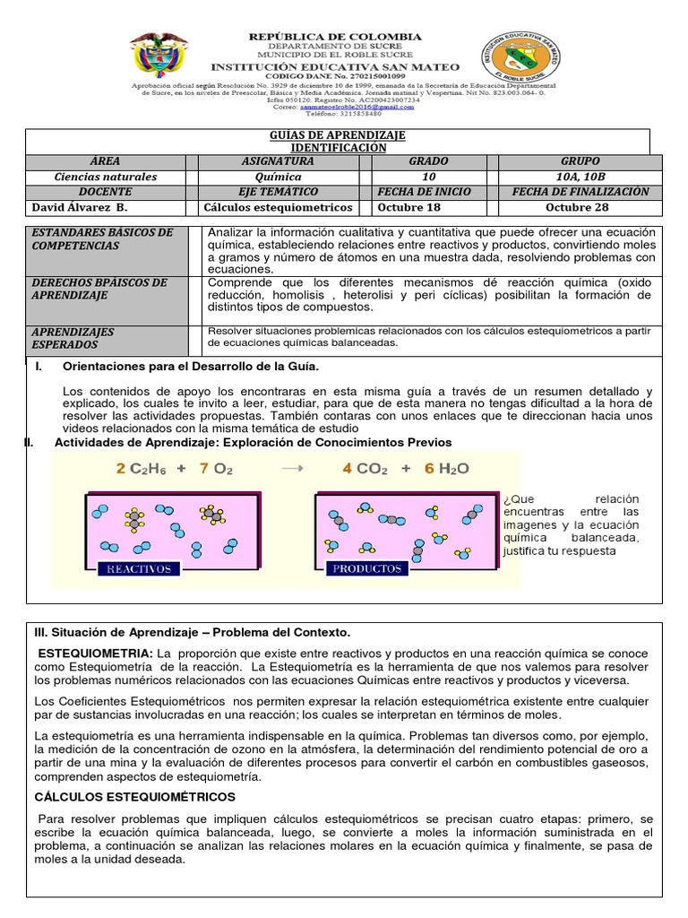 Guia Quimica 10 Estequiometria Pdf Estequiometría Reacciones Químicas