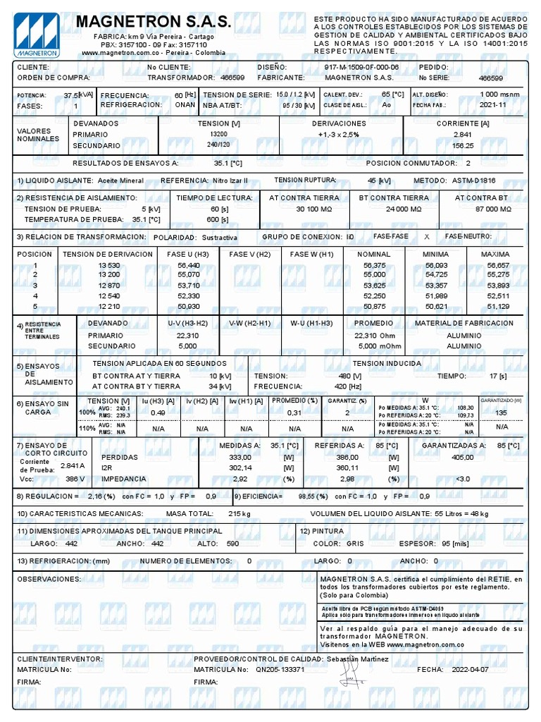 Magnetron S.A.S.: No Serie: 15.0 / 1.2 (KV) 95 / 30 (KV) (kVA) (HZ) | PDF | Bienes ...