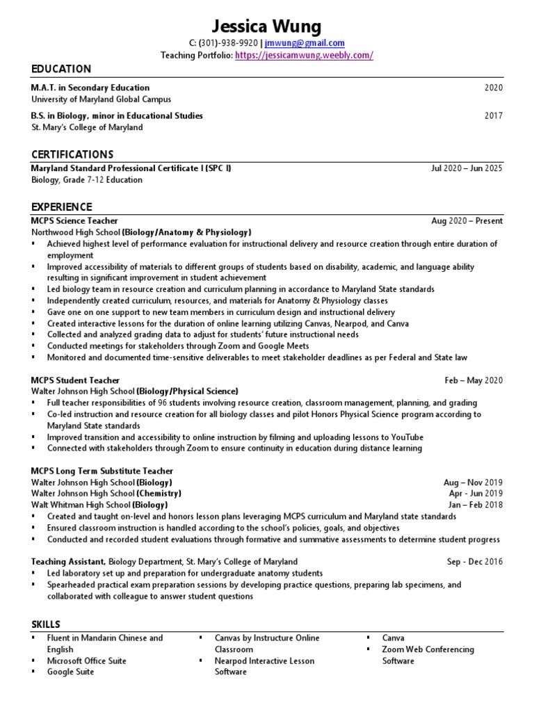 Wung Jessica Resume | PDF | Teachers | Curriculum
