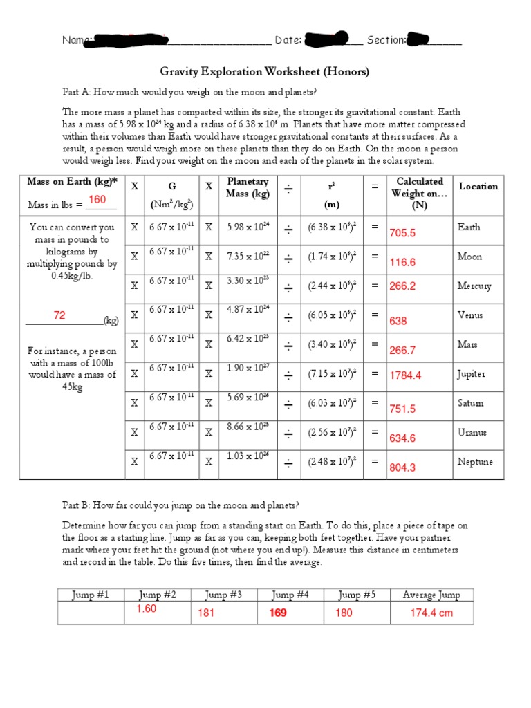 Gravity Exploration Worksheet - Honors | PDF | Weight | Planets
