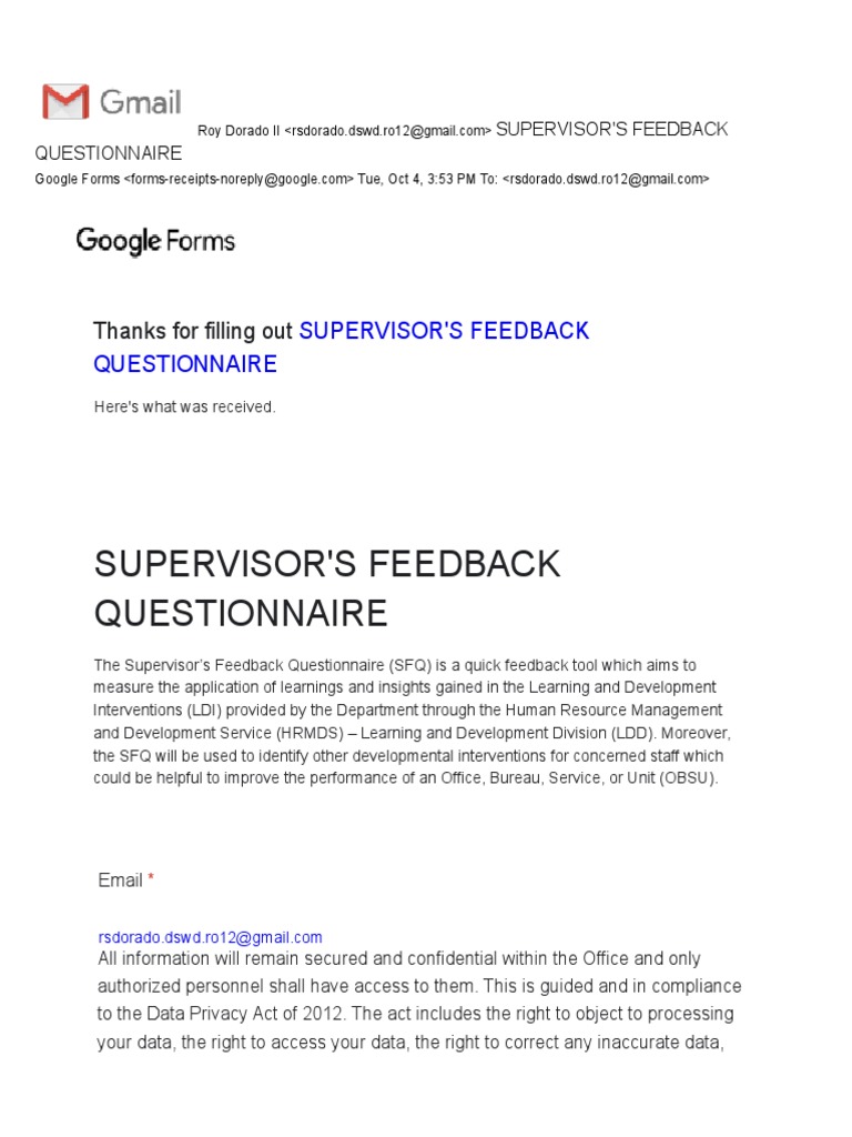 Supervisor's Feedback Questionnaire | PDF | Cognitive Science | Cognition