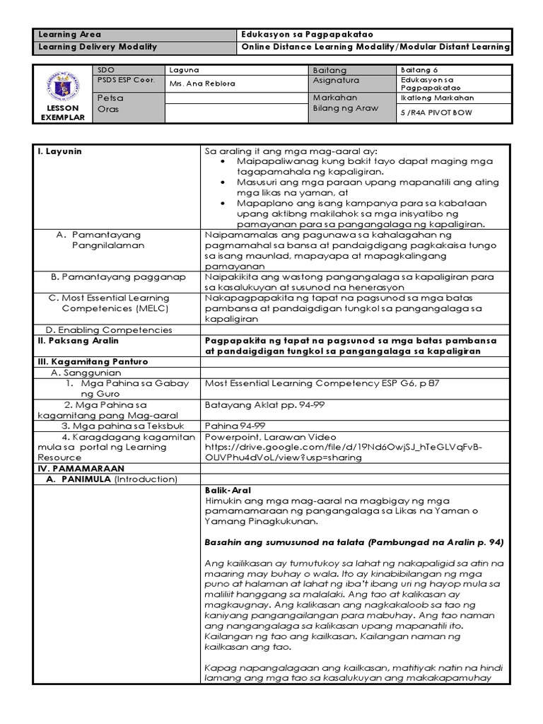 Lesson Exemplar EsP6 Q3 MELC 8 | PDF