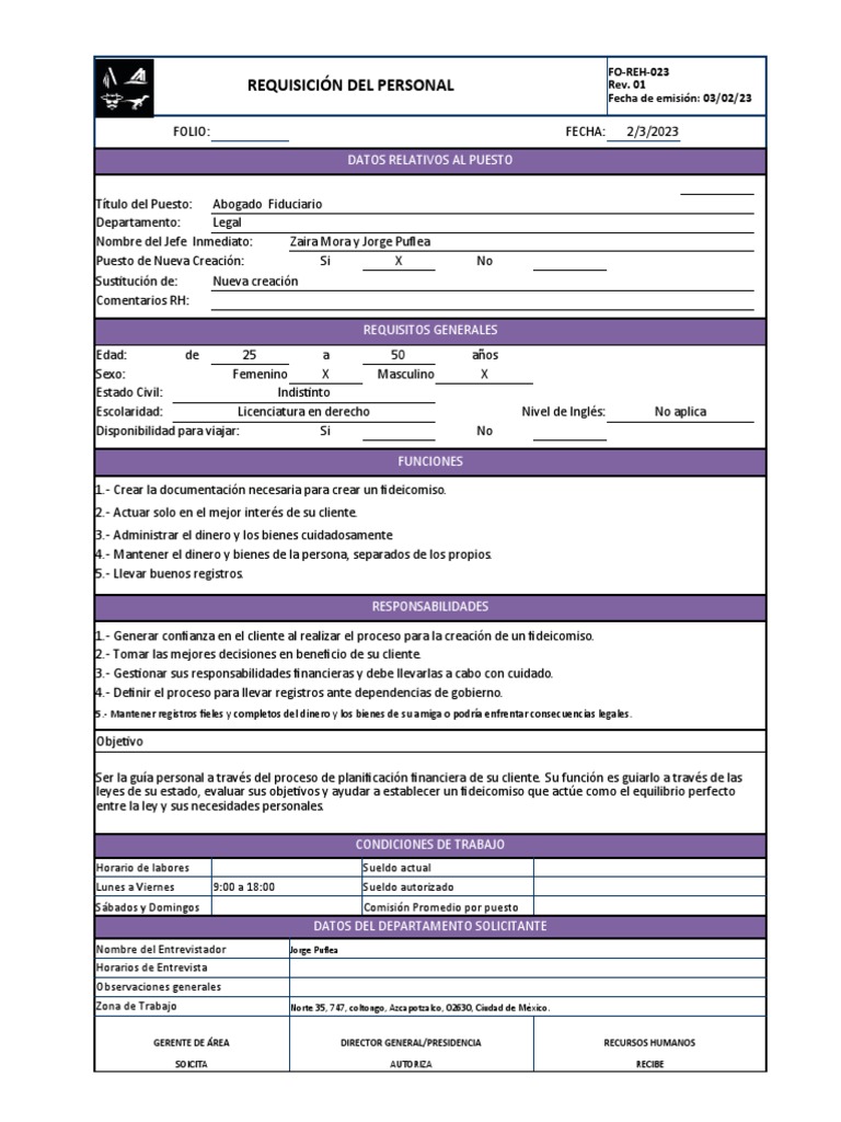 FO-REH-023 Requisición de Personal | PDF | Ley de fideicomiso | Gestión ...