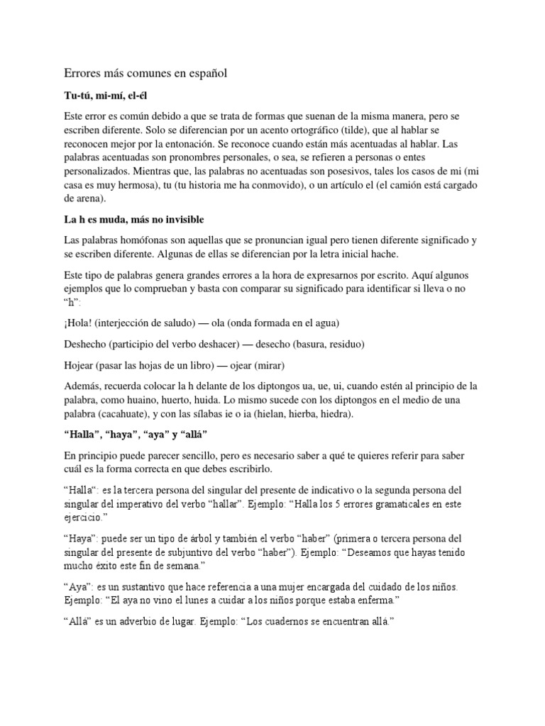 Errores Más Comunes en Español | PDF | Verbo | Oración (Lingüística)