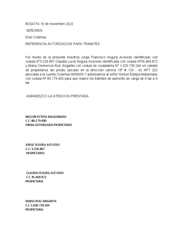 Carta de Autorizacion Codensa | PDF