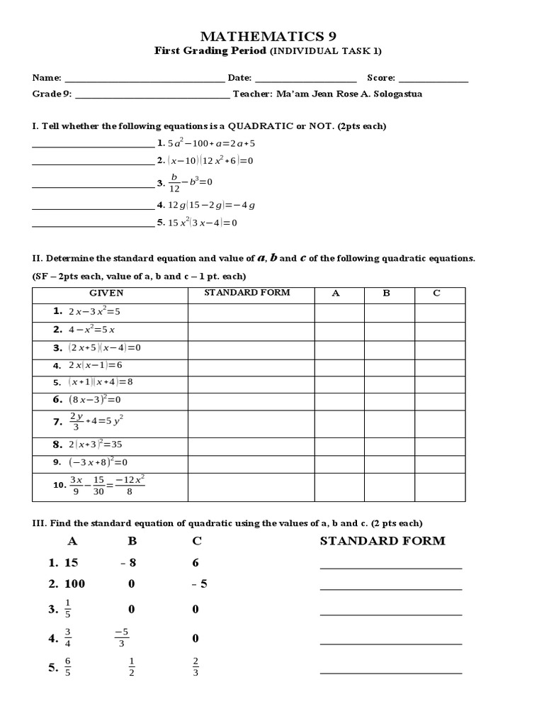 Quadratic Equations Worksheet for Grade 9 | PDF