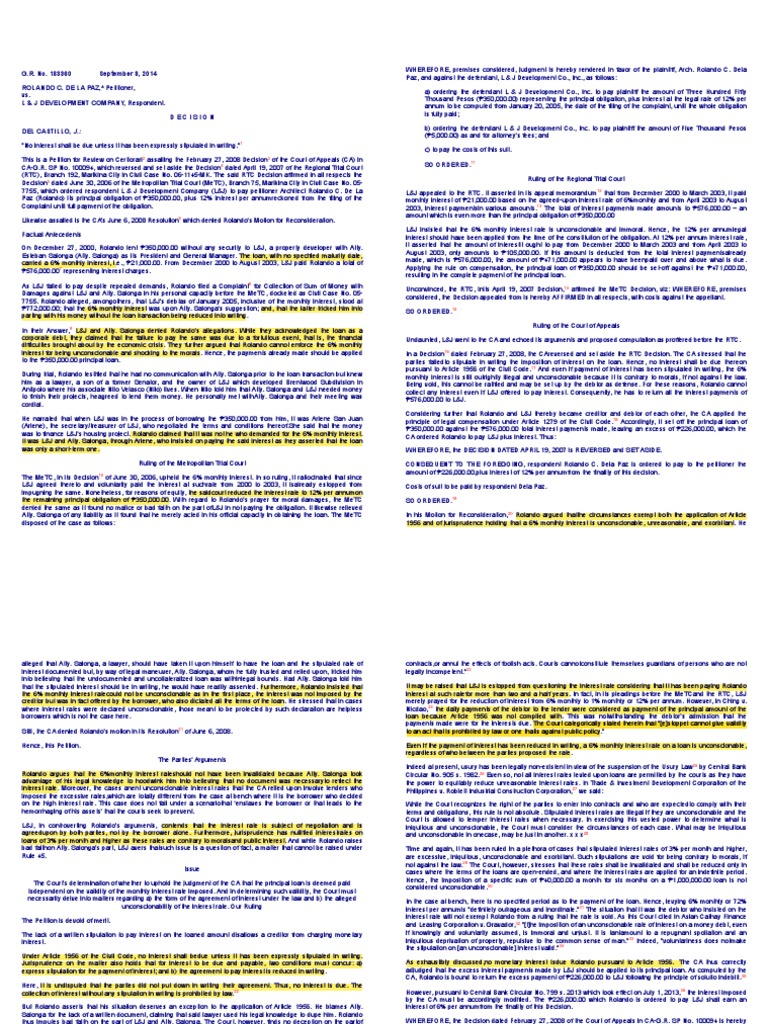Dela Paz Vs L & J Development Company | PDF | Interest | Lawsuit
