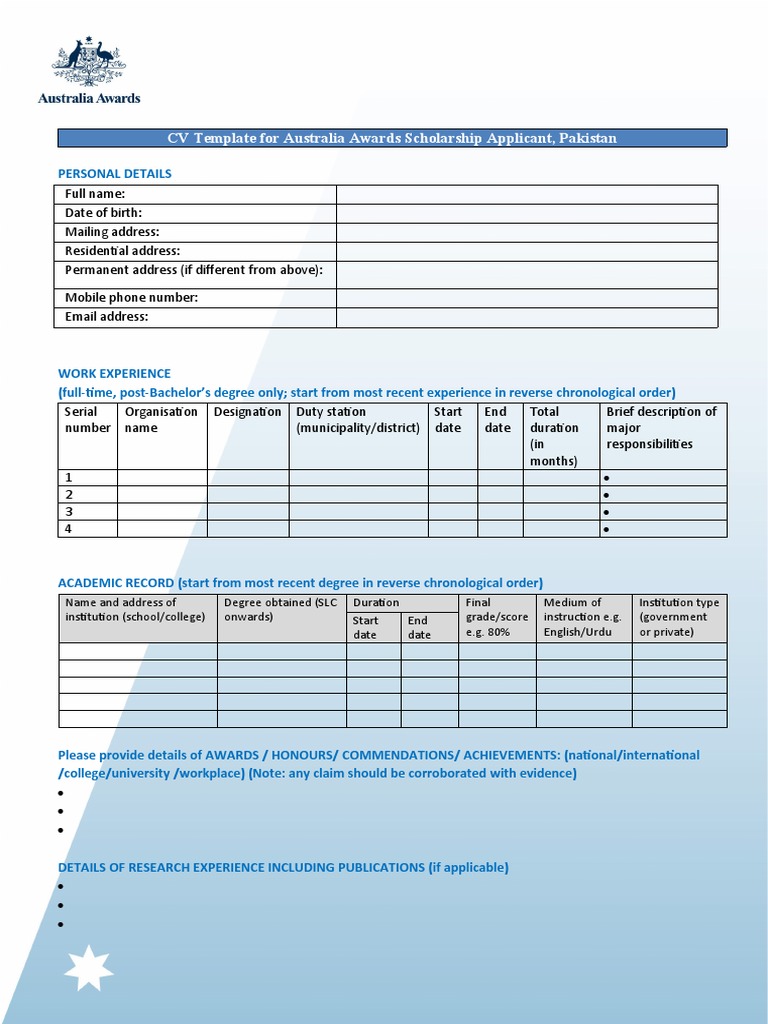 Australia Awards CV Template 2023 PK Edits | PDF