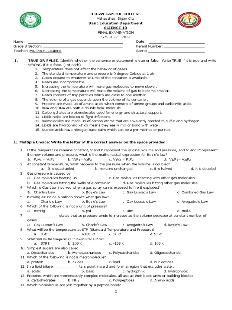 Science 10 4th Qe | PDF | Biomolecules | Gases