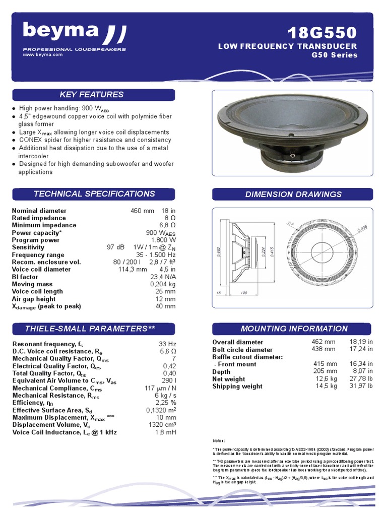Beyma Speakers Data Sheet Low Mid Frequency 18G550 | PDF | Loudspeaker ...