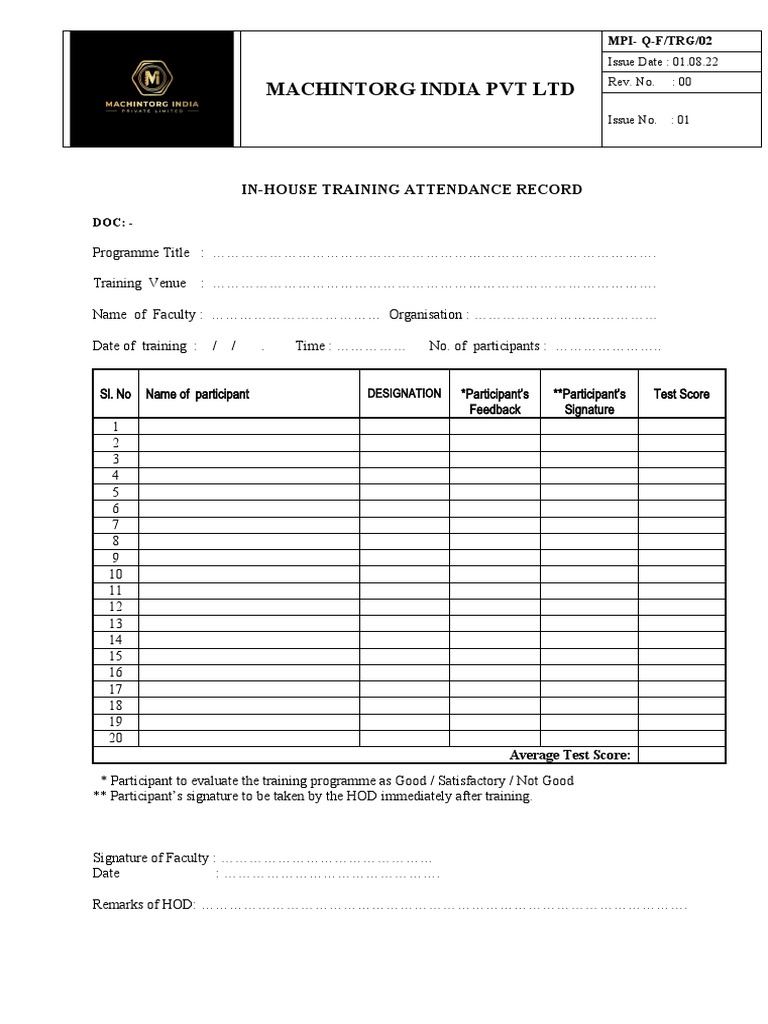 In-House Training Attendance Record | PDF