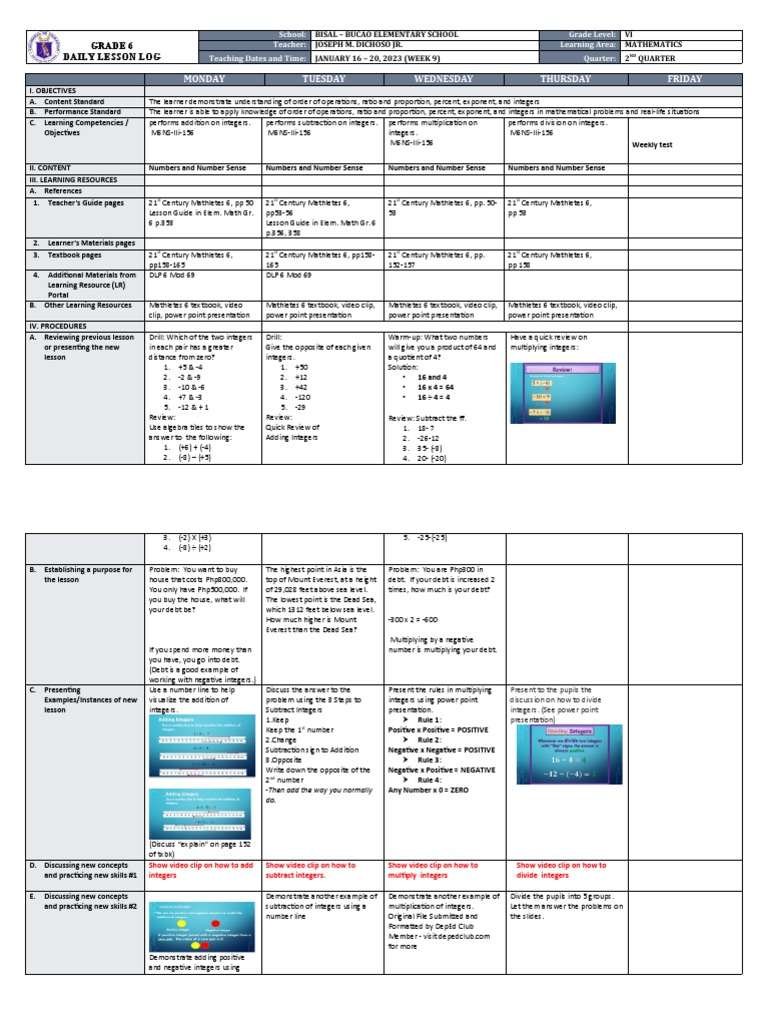 DLL - Mathematics 6 - Q2 - W9 | PDF | Subtraction | Multiplication