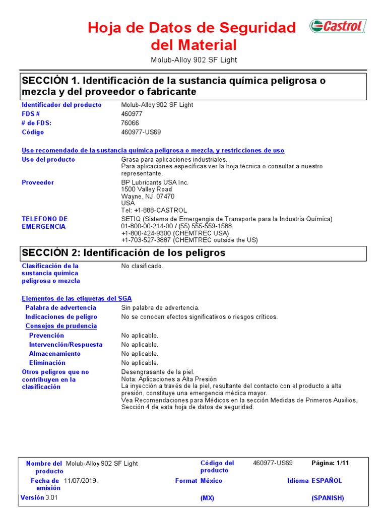 Molub-Alloy 902 SF Light: Ficha de Seguridad | PDF | Residuos ...