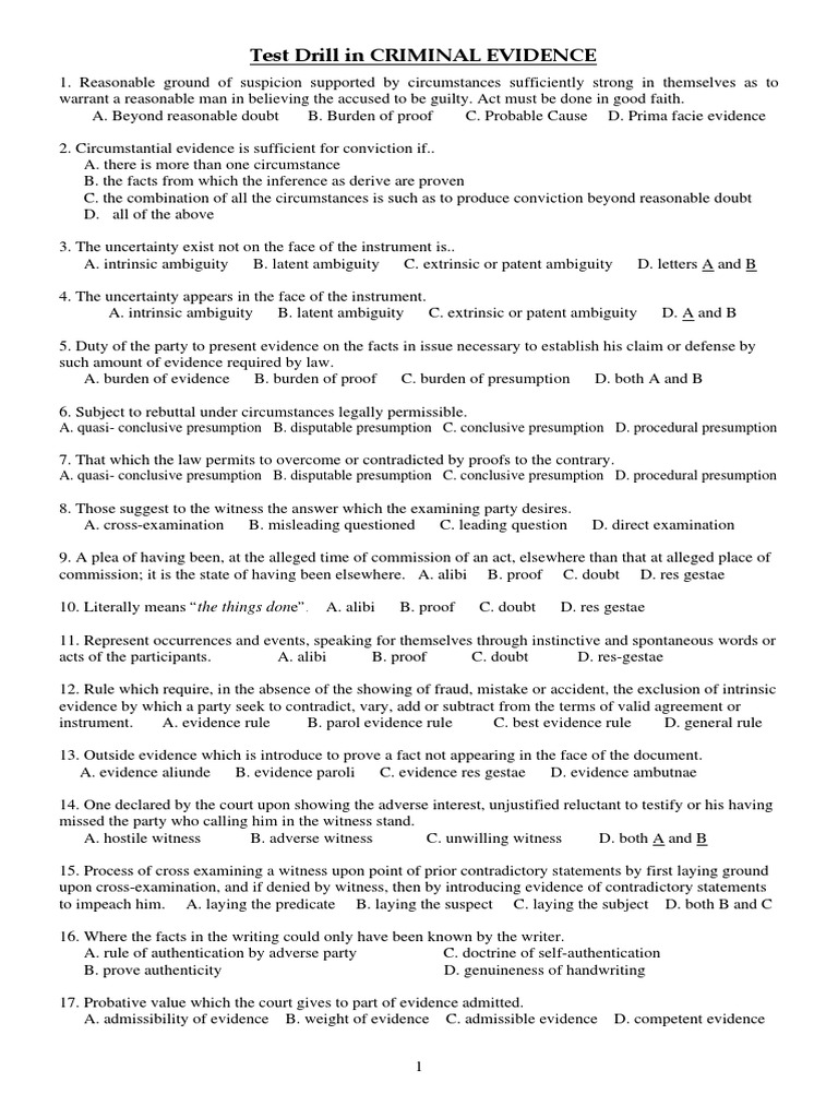 Test Drill in Criminal Evidence (Questionnaire) | PDF | Evidence (Law ...