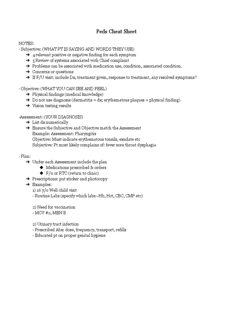 Peds SOAP Note Cheat Sheet | PDF | Caesarean Section | Childbirth Peds SOAP Note Cheat Sheet | PDF | Caesarean Section | Childbirth