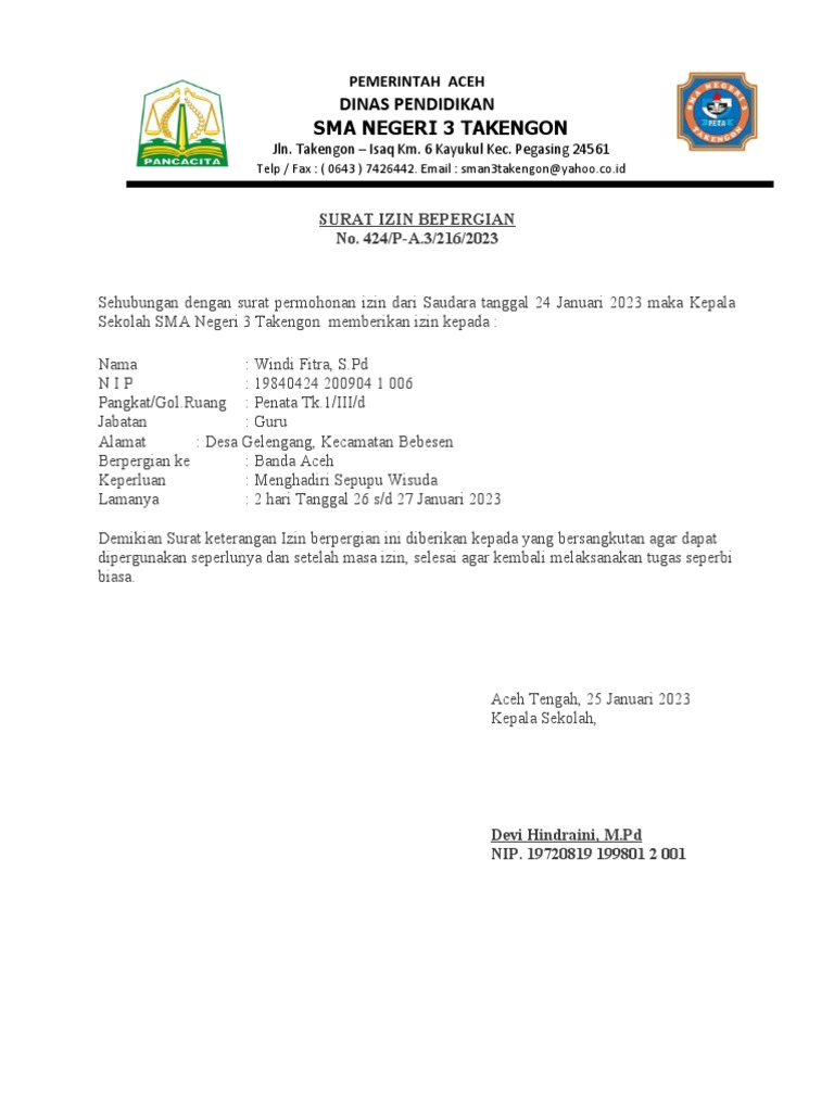 Surat Izin Bepergian Sekolah SMP | PDF