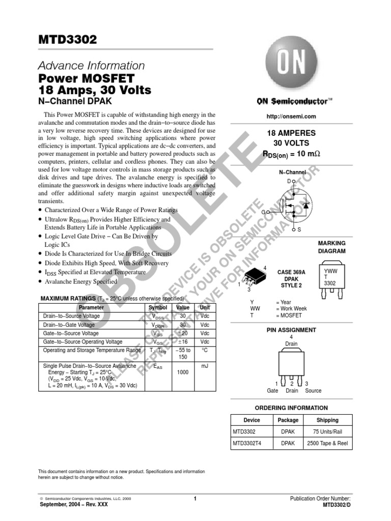 MTD3302T4 ON Semiconductor | PDF | Mosfet | Diode
