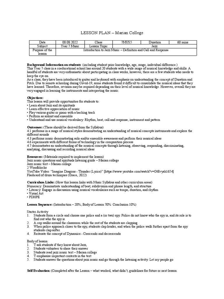 Lesson Plan - Intro To Jazz 7mus5 | PDF | Jazz | Lesson Plan