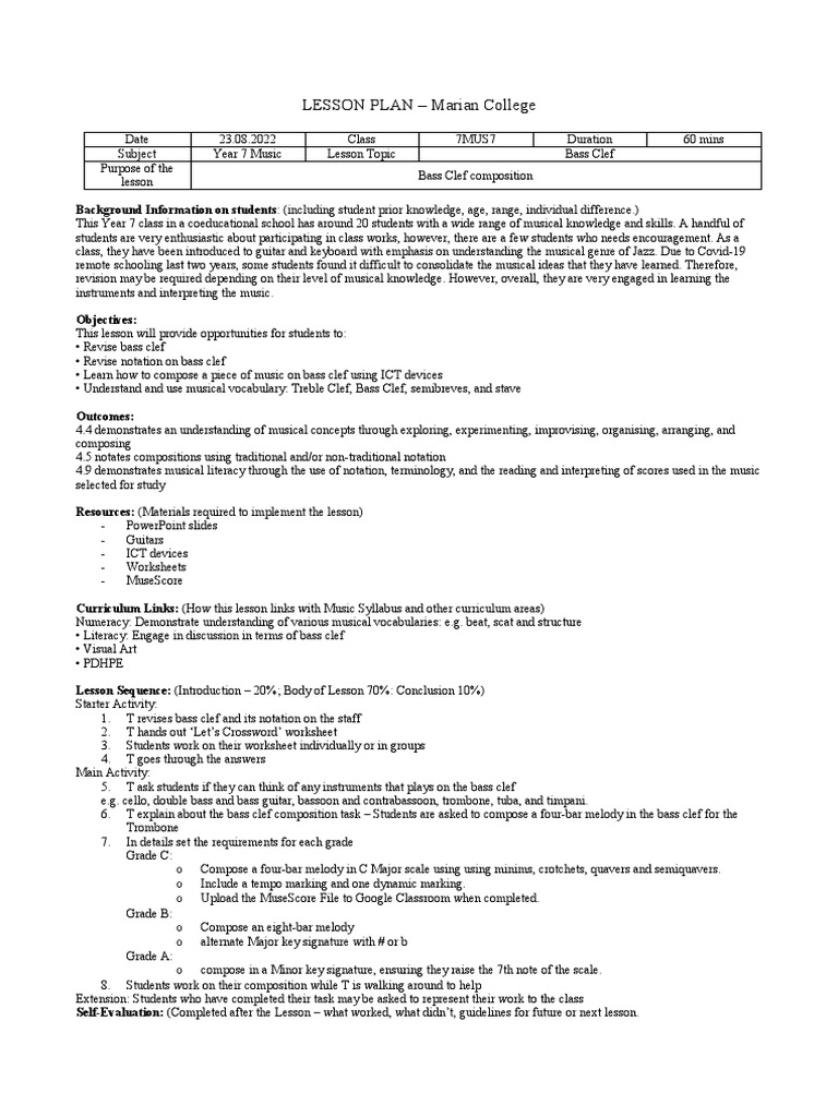 Lesson Plan - Year 7 Bass Clef Revision and Composition | PDF | Clef | Double Bass