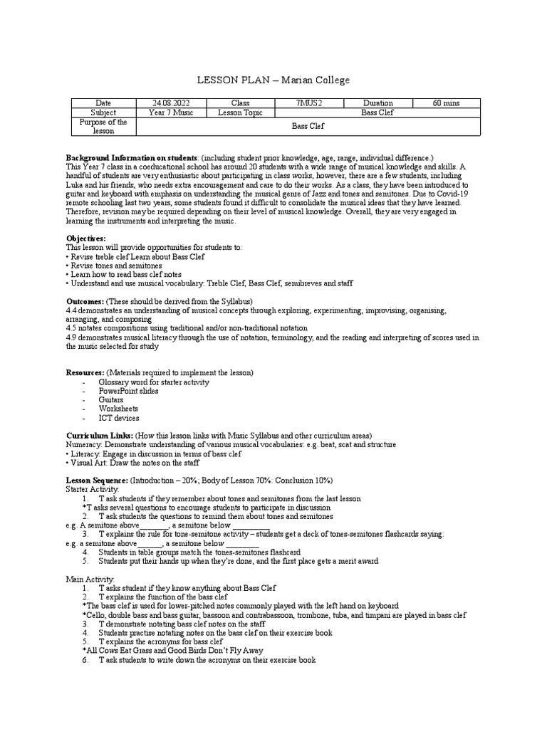 Lesson Plan - Year 7 Bass Clef | PDF | Clef | Double Bass