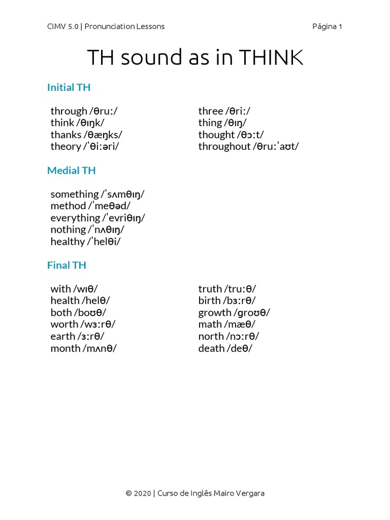 PDF Pronunciation Lesson 01 - TH As in THINK | PDF