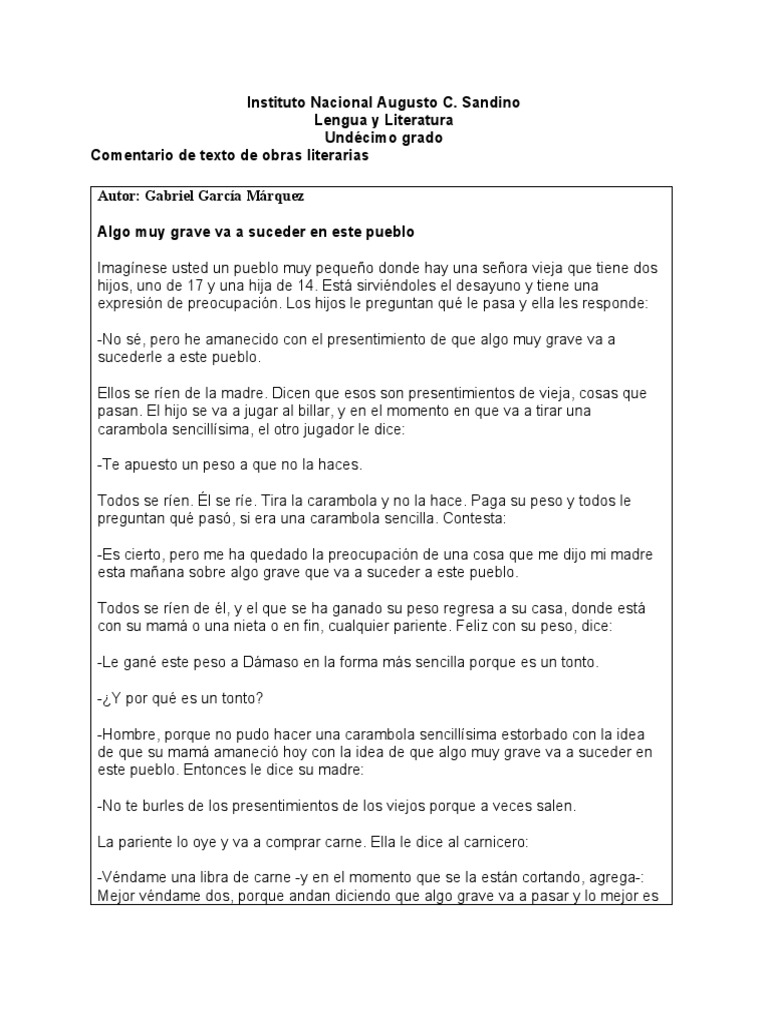 Cuento Algo Muy Malo Va A Suceder en Este Pueblo Gabriel García Márquez ...