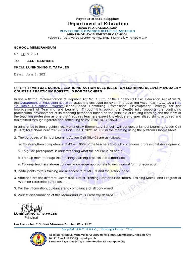 SLAC Training for Teachers at Muntindilaw | PDF | Teachers | Learning