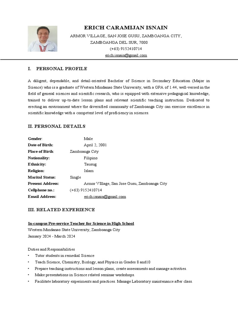 BSED3A EPIC 3 Isnain CV and CL | PDF | Classroom Management | Skill