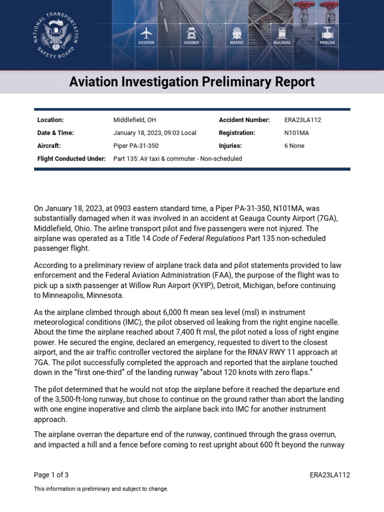 NTSB Releases Preliminary Report of Geauga County Plane Crash | PDF ...