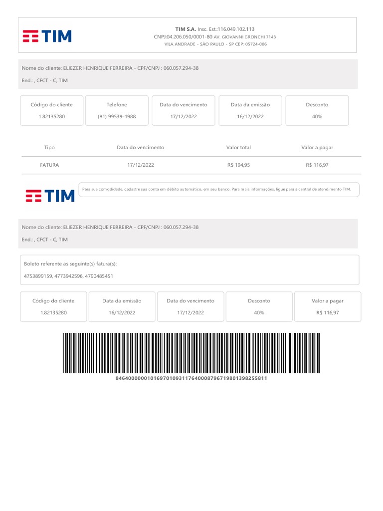 Boleto Tim Negocia | PDF | Negócios | Finanças e Administração de Capital