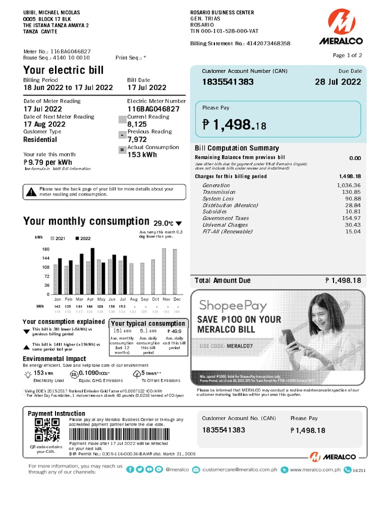 Meralco Bill 457419750101 07172022 | PDF | Banks | Power (Physics)