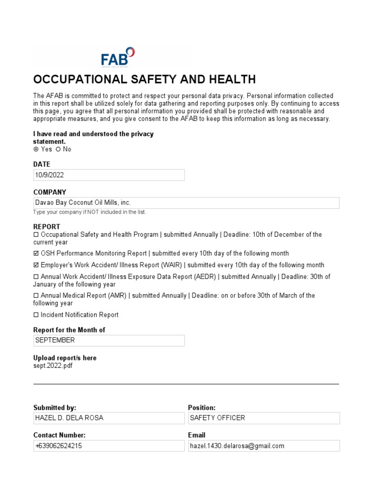 September OSH Performance Report | PDF | Business