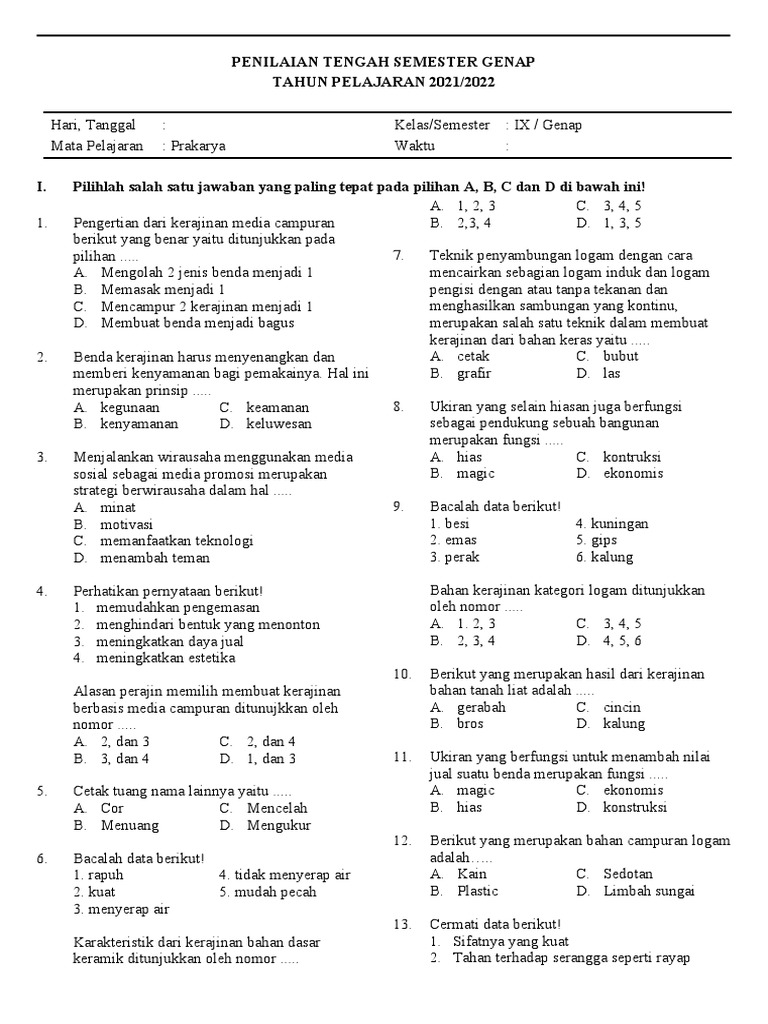 Soal PTS Prakarya Genap Kelas 9 SMP | PDF