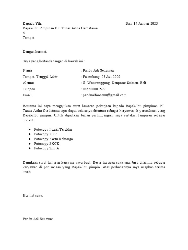 Surat Lamaran Pekerjaan Pandu Setiawan | PDF