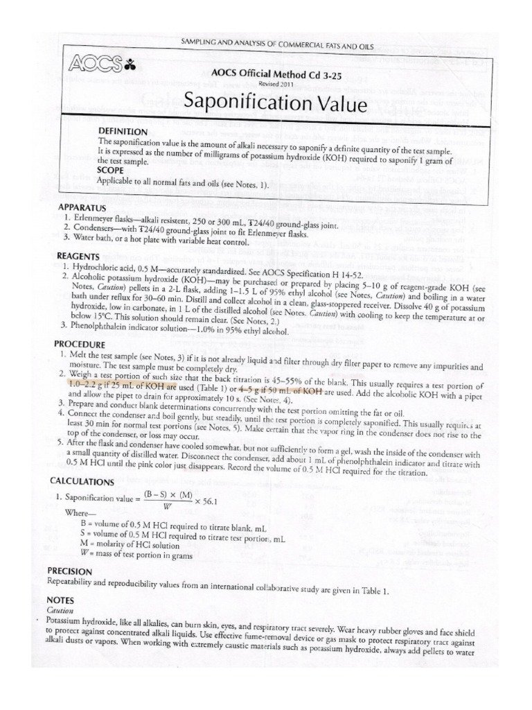 AOCS CD 3-25 - Saponification Value | PDF