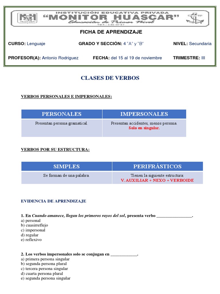 Clases de Verbo Ii - 4to | PDF