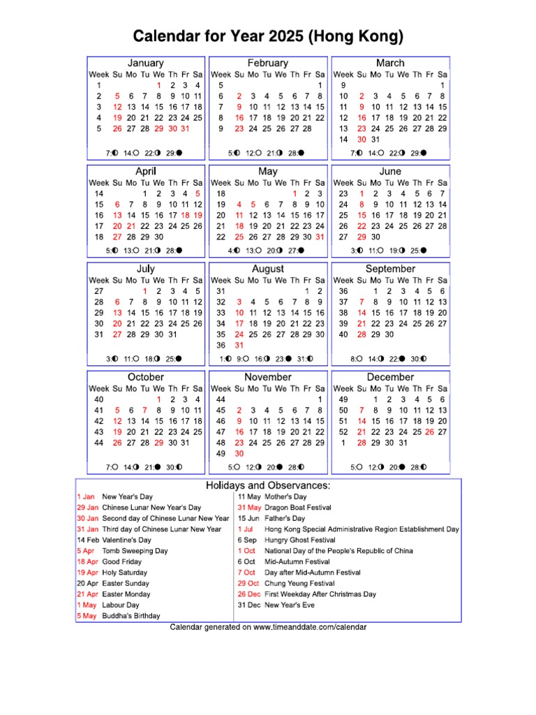 Year 2025 Calendar - Hong Kong | PDF