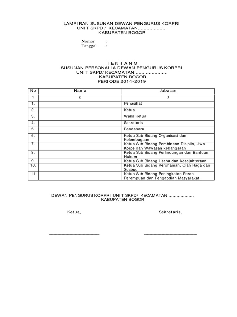 Susunan Kepengurusan Korpri Unit SKPD Kecamatan | PDF