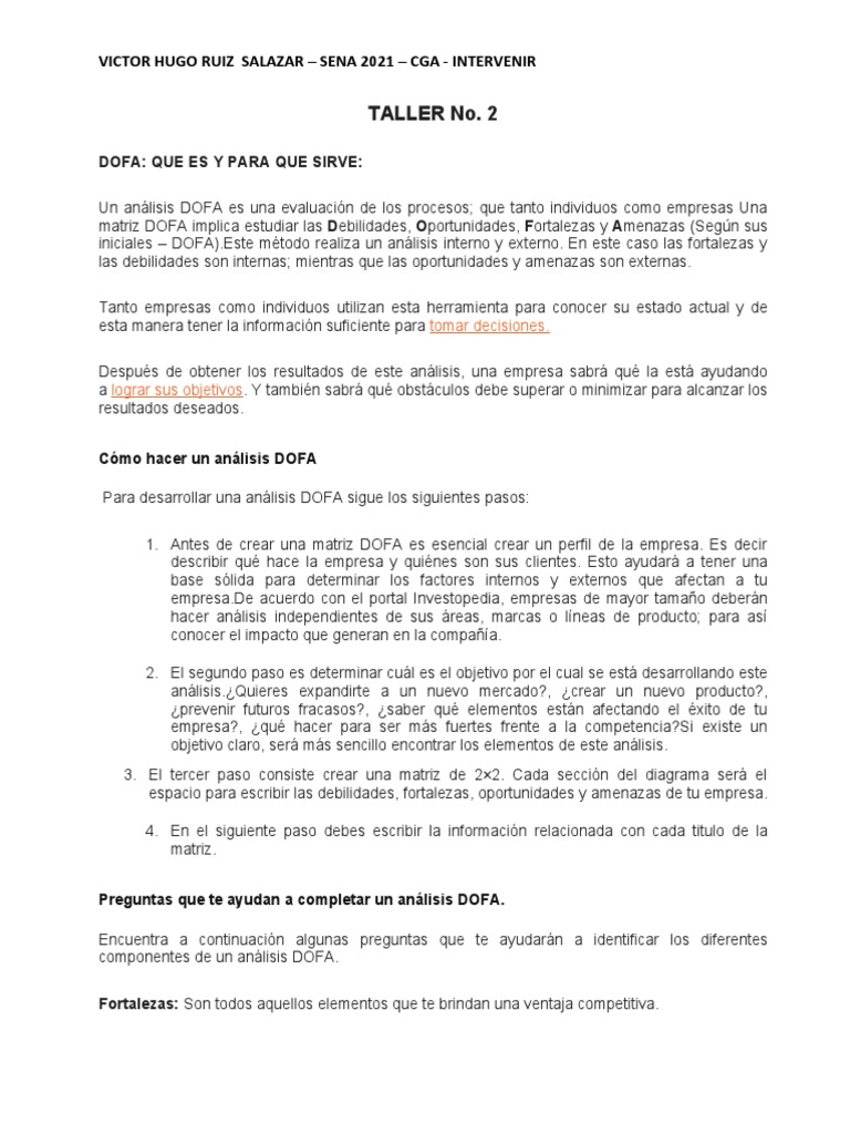 Taller No. 4 ANALISIS Y CREACION DEL DOFA | PDF | Análisis FODA | Economias