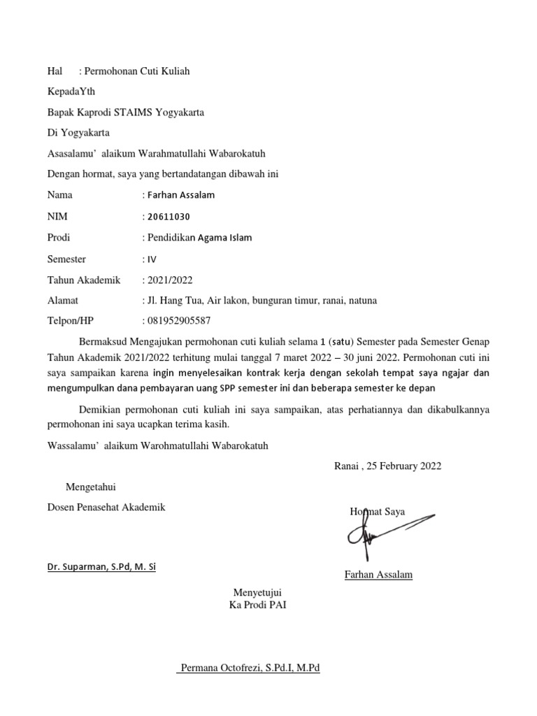 Surat Permohonan Cuti Kuliah 1 | PDF