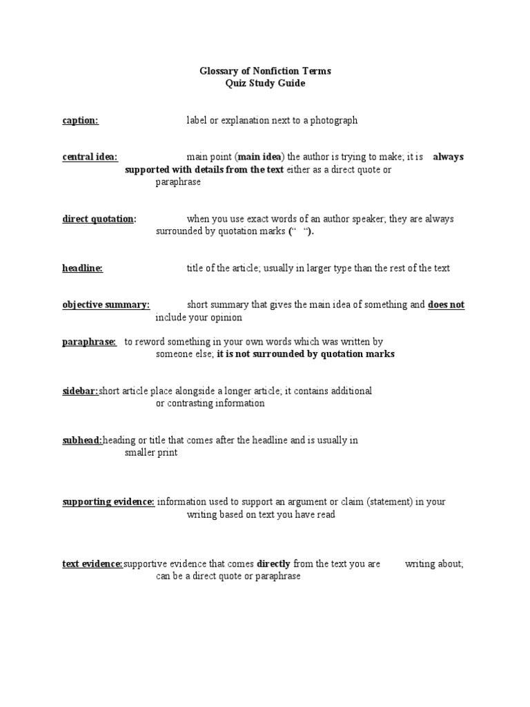 Glossary of Nonfiction Terms Study Guide | PDF