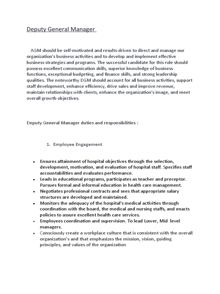Deputy General Manager Duties and Responsibilities | Download Free PDF ...