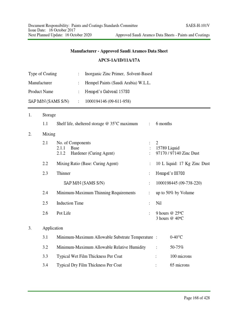 Manufacturer - Approved Saudi Aramco Data Sheet APCS-1A/1D/11A/17A | PDF | Paint | Materials