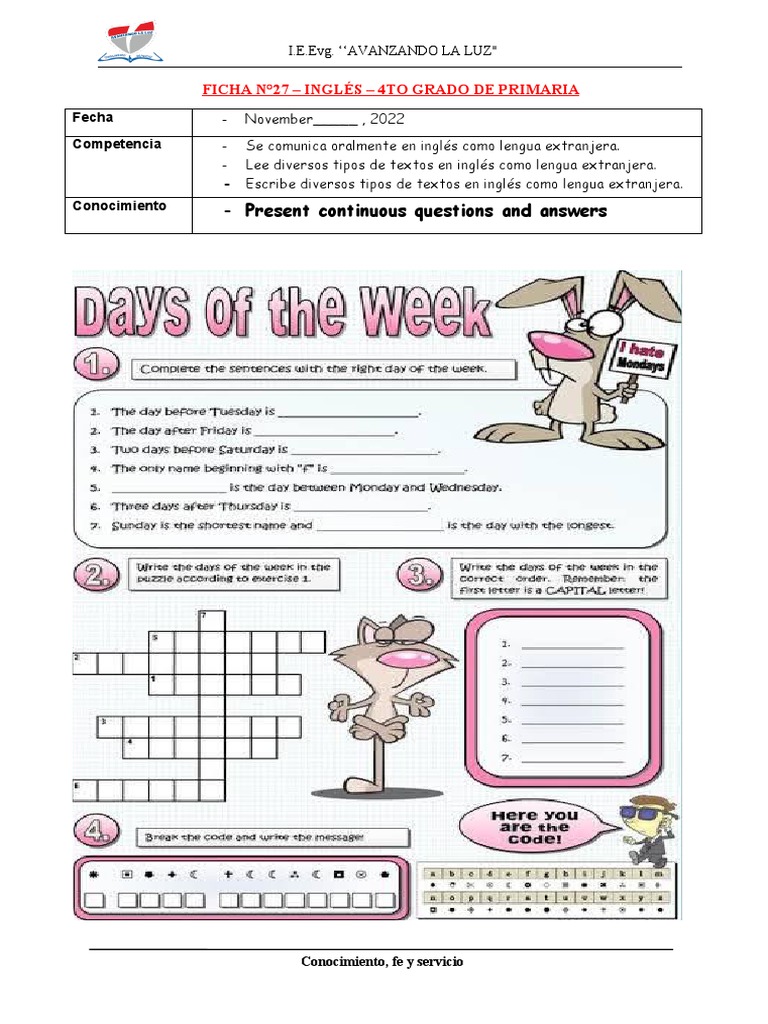 26 - Ficha - 4to Grado - Inglés | PDF