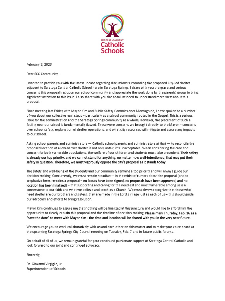 Feb. 3, 2023 Letter From Roman Catholic Diocese of Albany Schools ...