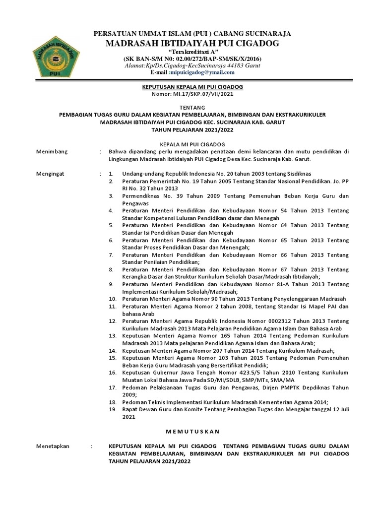 SK Pembagian Tugas Mengajar 2021 | PDF