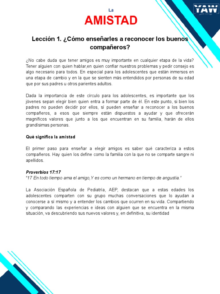 La Amistad Lección 1. ¿Cómo Enseñarles a Reconocer Los Buenos ...