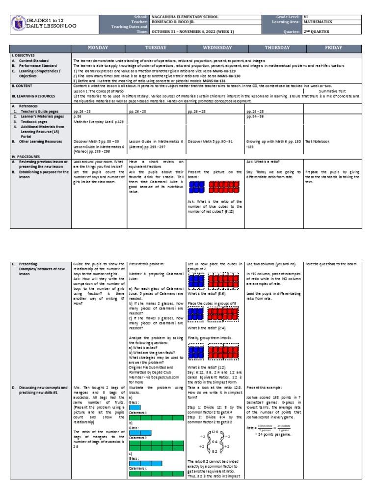 DLL - Math 6 - Q2 - W1 | PDF | Ratio | Mathematics