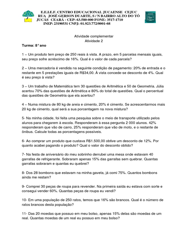 Atividade complementar 8º Ano Atividade 2 | PDF