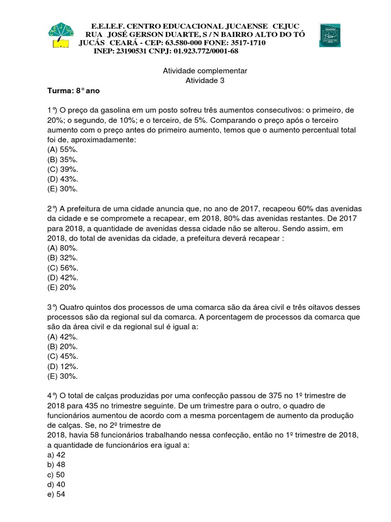 Atividade complementar de matemática do 8o ano do Ensino Fundamental ... Atividade complementar de matemática do 8o ano do Ensino Fundamental ...